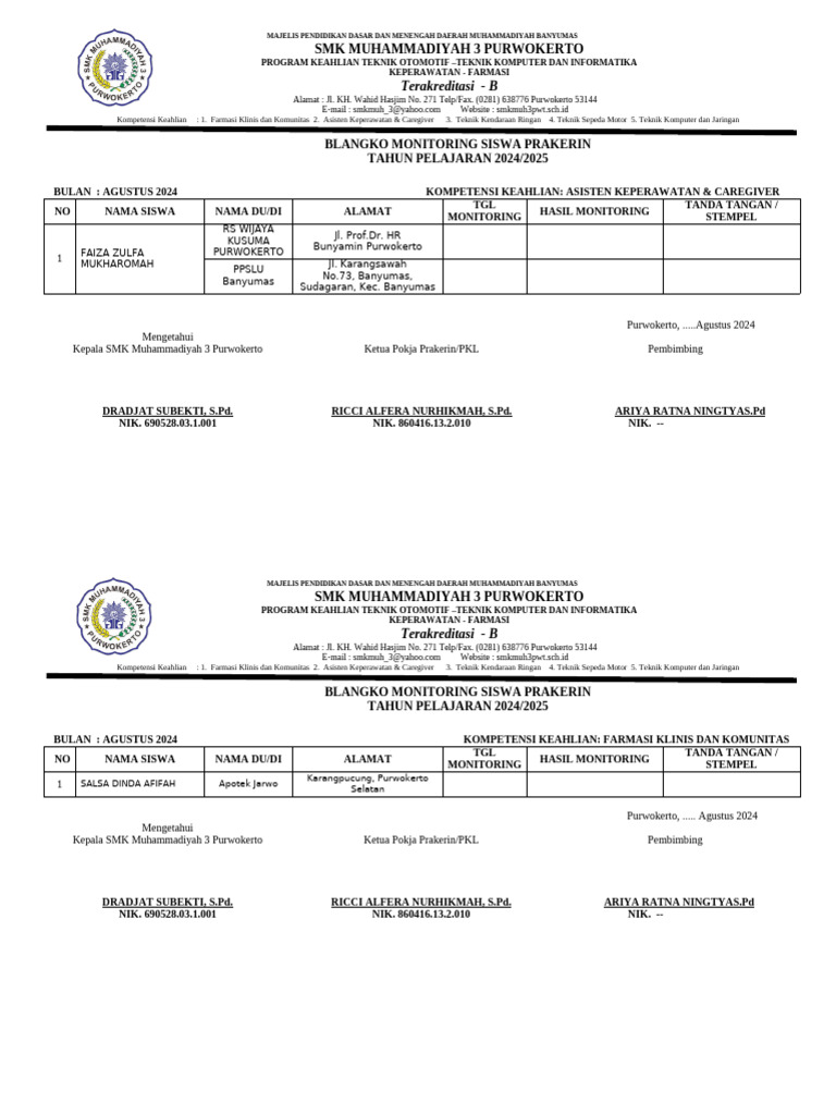 Blangko Monitoring ARIYA Agustus 2024 | PDF