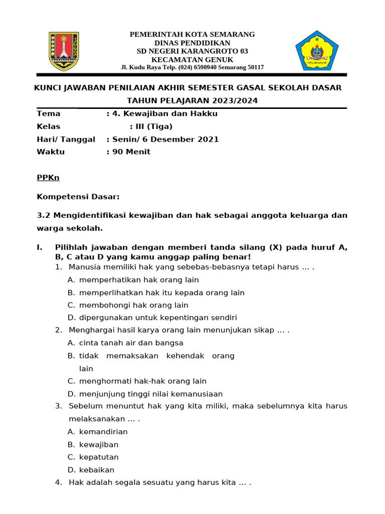 Soal Pas I KLS 3 Tema 4 | PDF