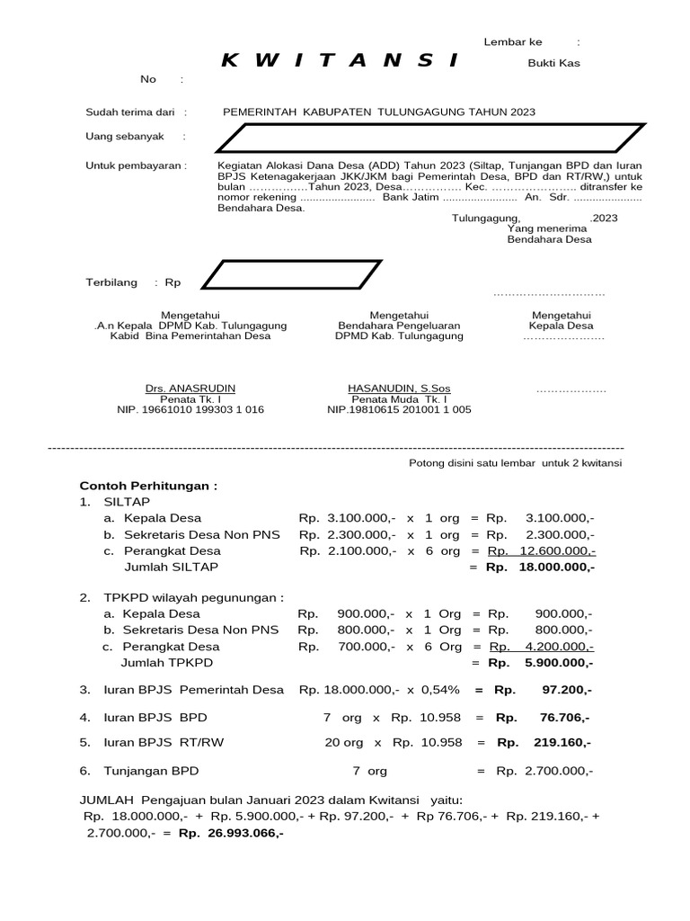 Format Kwitansi Siltap 2023. | PDF
