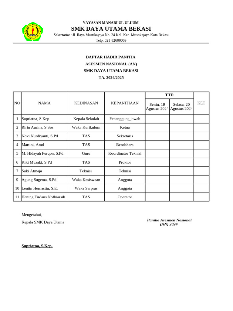 Daftar Hadir Panitia Simulasi Anbk | PDF