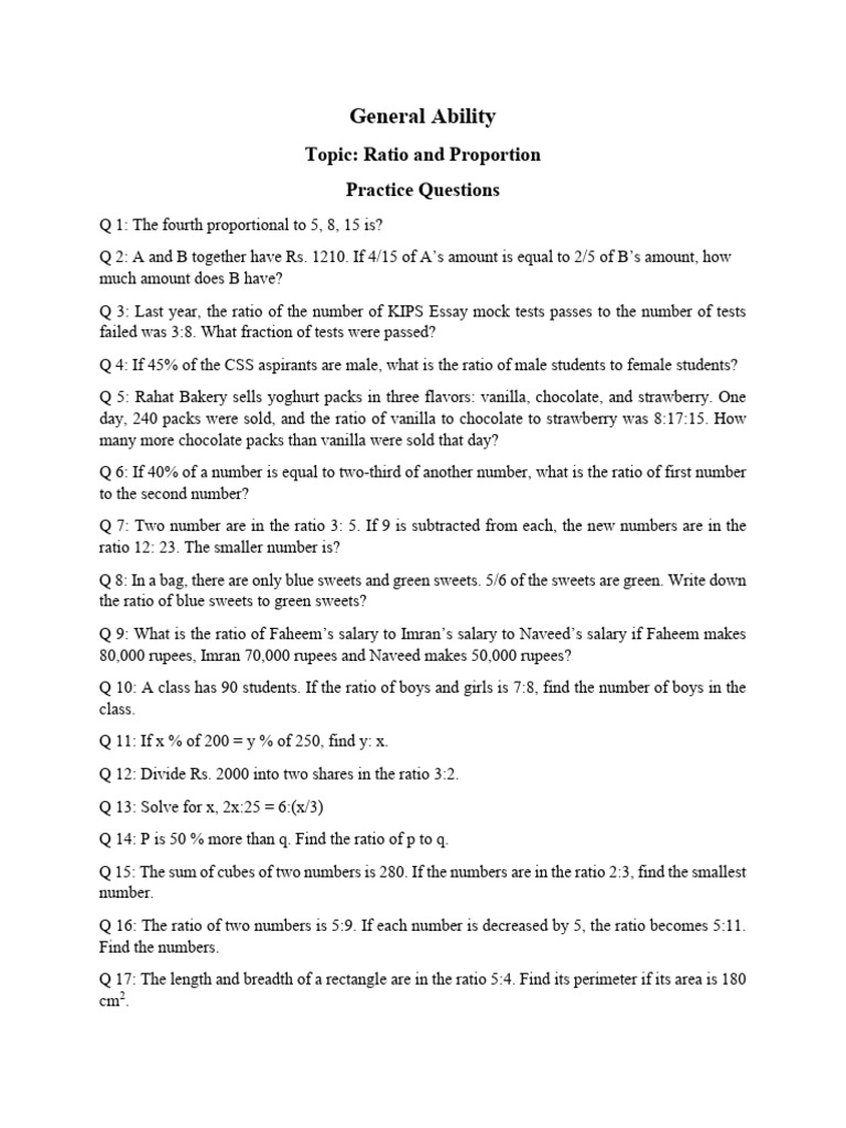 Ratio and Proportion, Practice Questions | PDF
