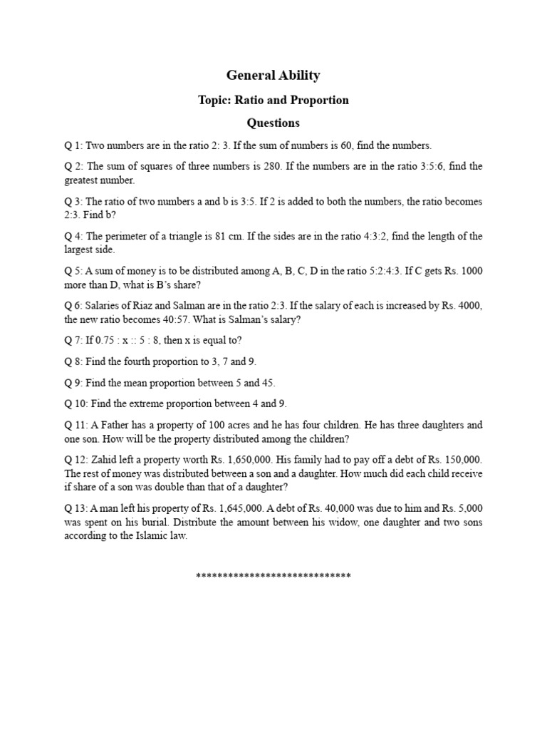 Ratio and Proportion, Questions | PDF