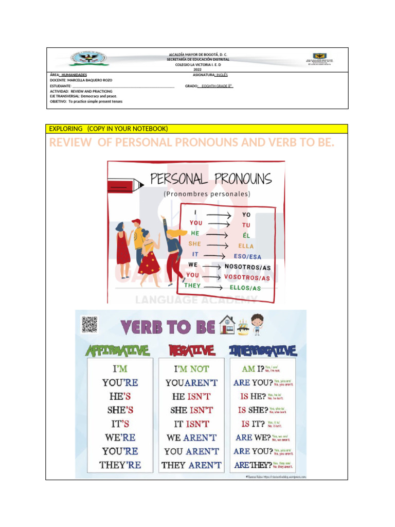 CLASS - 2 - Review Personal Pronouns and Verb To Be | PDF