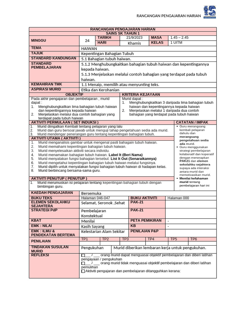 RPH Pendekatan Bertema Sains Tahun 1 | PDF