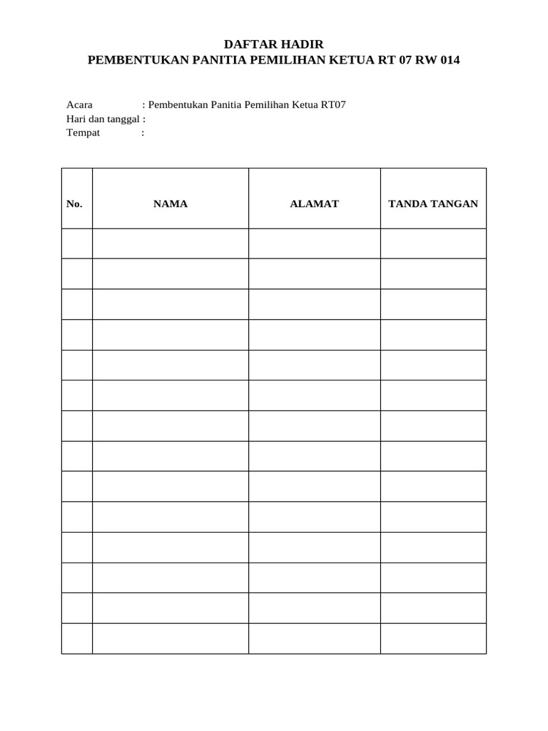 Daftar Hadir Warga - Pembetukan Panita Pemilihan Ketua RT | PDF