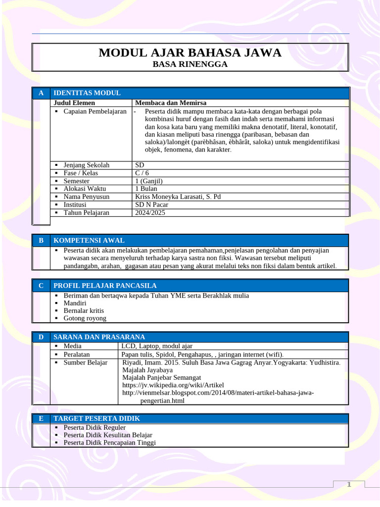 Modul-Ajar-Bahasa-Jawa Kelas 6 | PDF