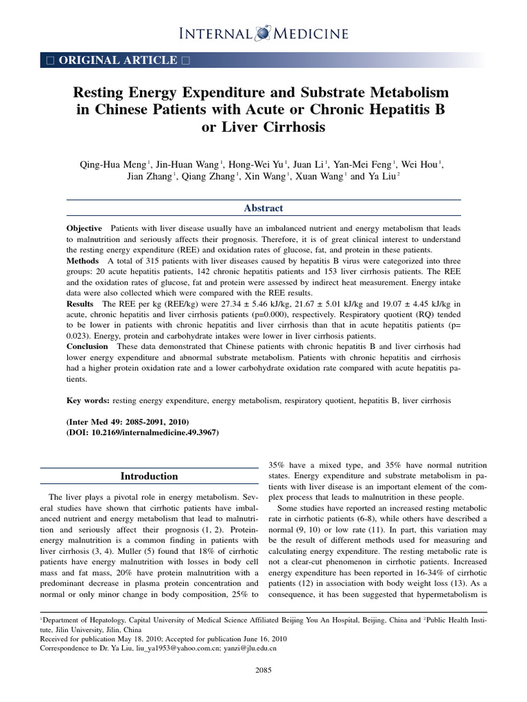Resting Energy Expediture and Substrate Metabolism in Chinese Patients With Acute or Chronic ...