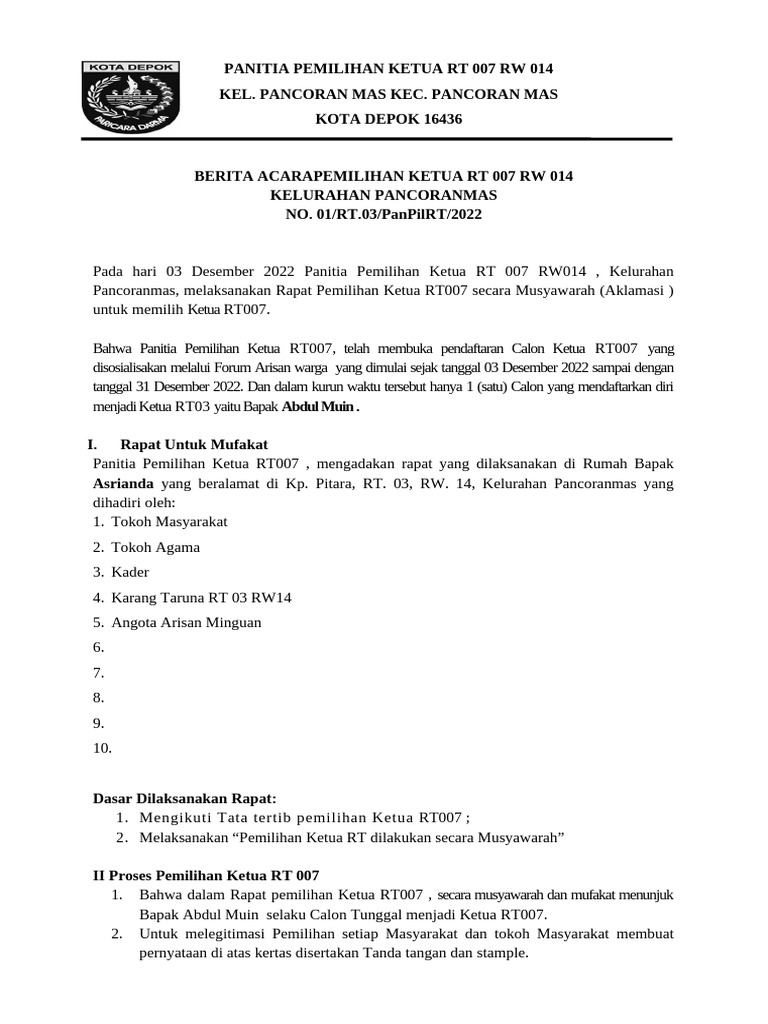 Berita Acara Pemilihan Ketua RT03 | PDF