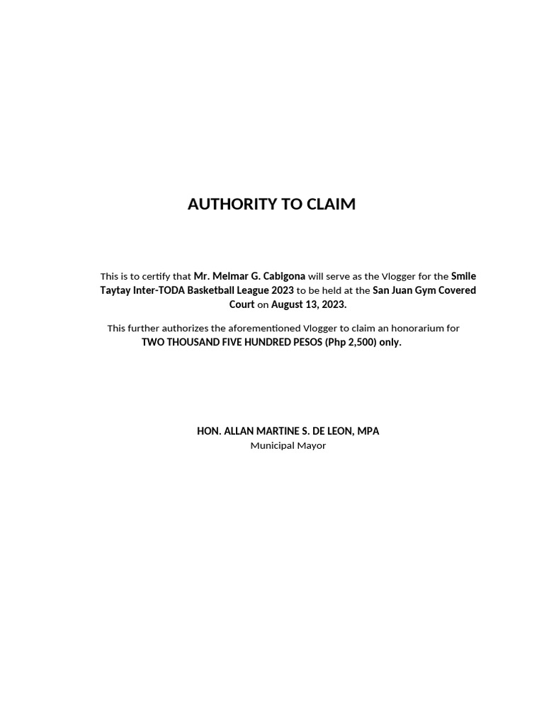 Authority To Claim Pdf
