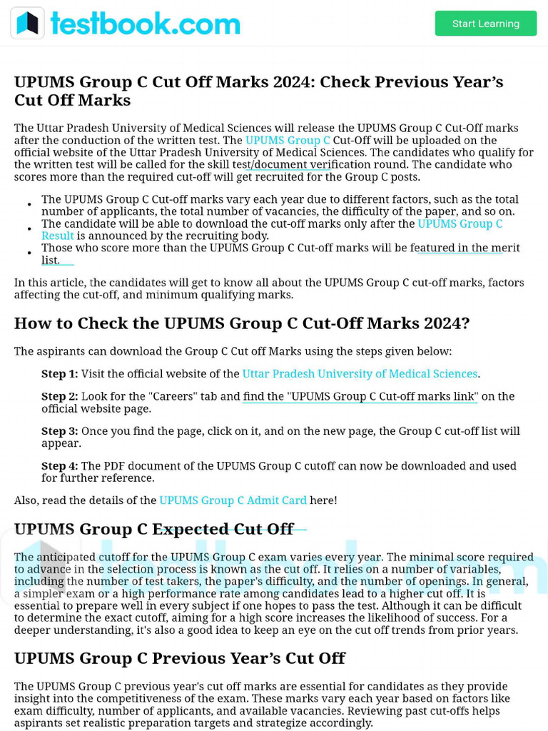 UPUMS Group C Cut Off Marks 2024 - Check Previous Year's Cut Off Marks | PDF