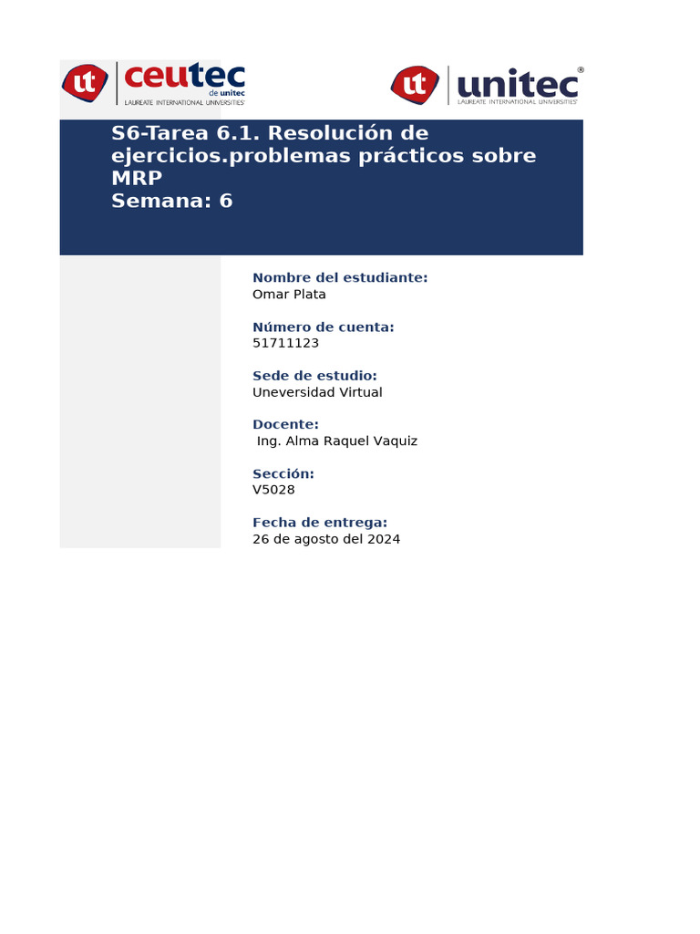Tarea 6 1 Resolucion de Ejercicios Problemas Practicos Sobre MRP | PDF
