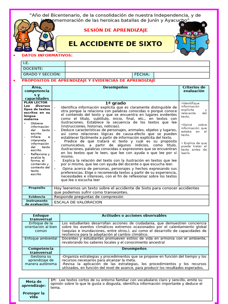 1º U5 S4 Sesion D4 Plan Lector El Accidente de Sixto | PDF