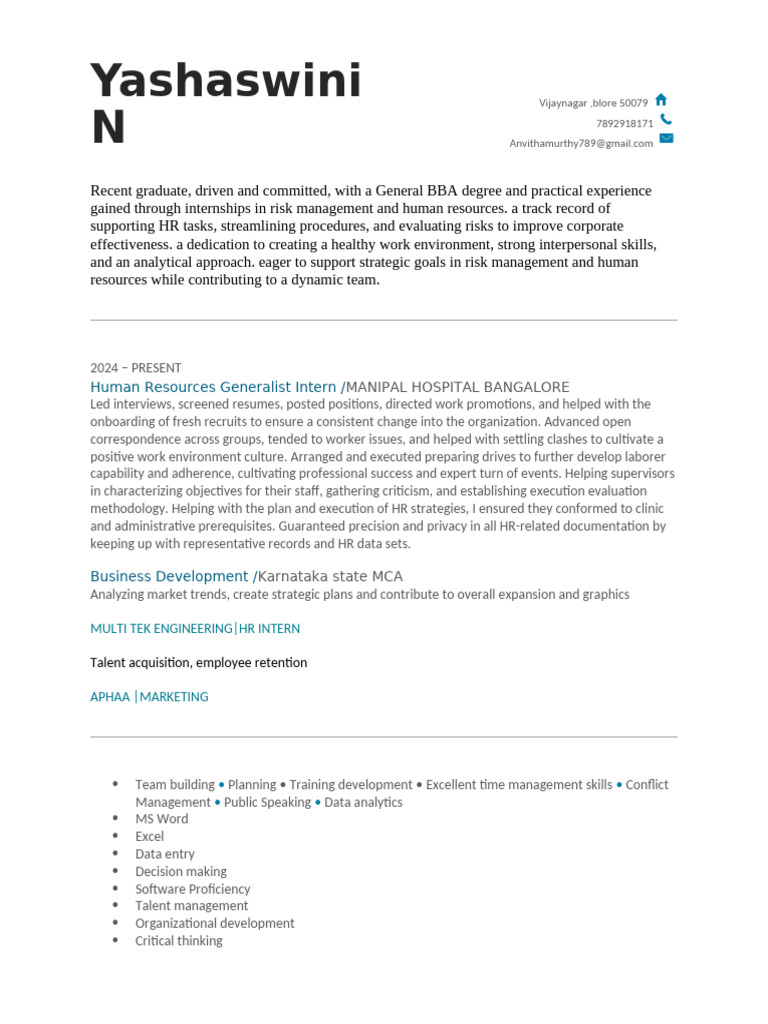 Yashaswini n Resume Updated | PDF