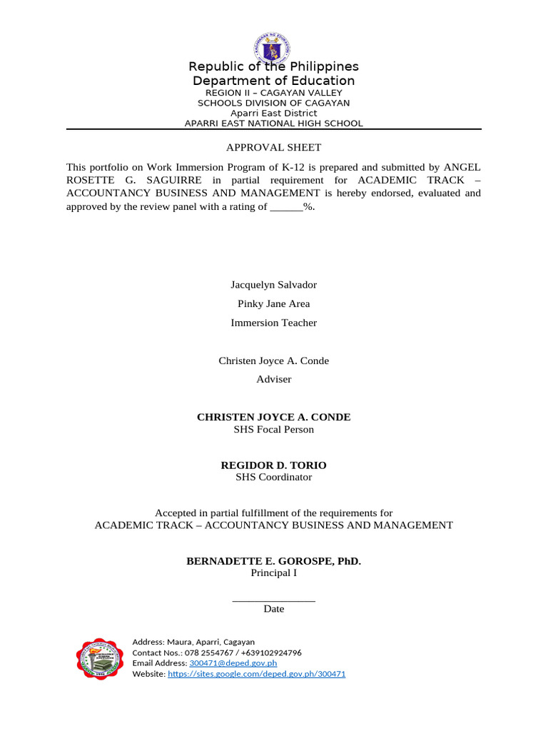 WORK IMMERSION PORTFOLIO Approval Sheet | PDF