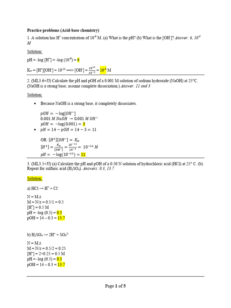 6 - Acid-Base Chemistry (Practice Problems Solution) | PDF