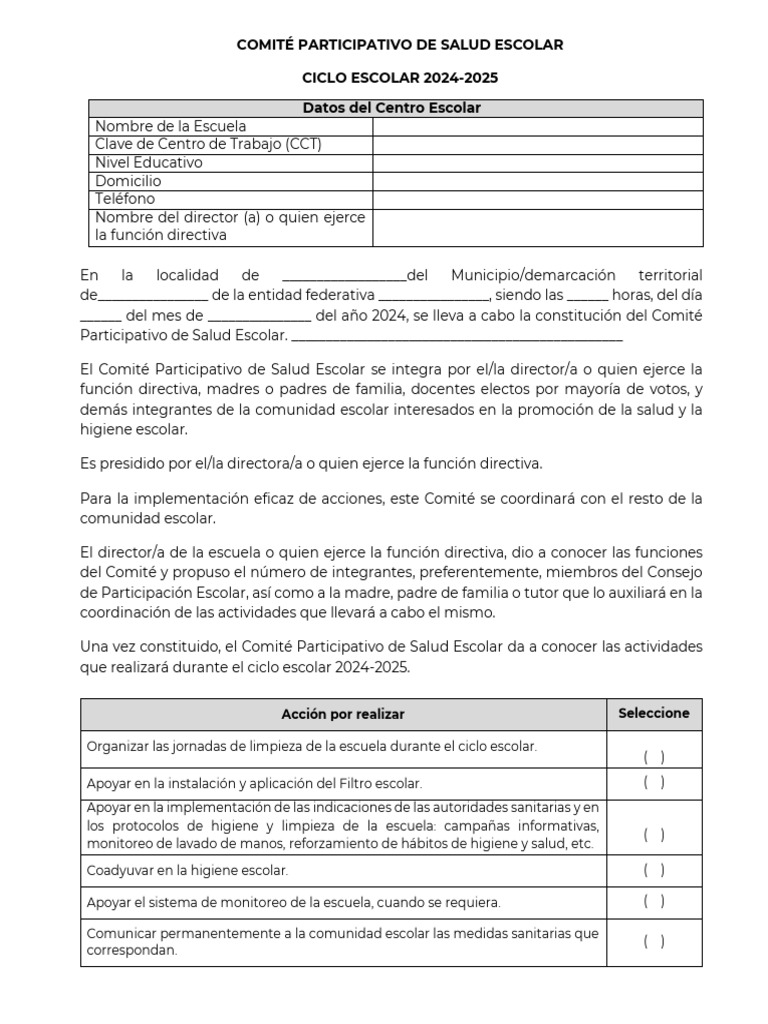 Acta Del Comité Participativo de Salud Escolar 2024-2025 | PDF