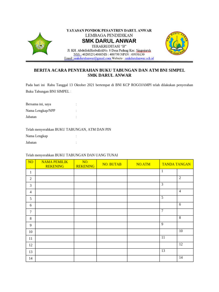 Berita Acara Penyerahan Buku Tabungan Dan Atm Bni Simpel | PDF