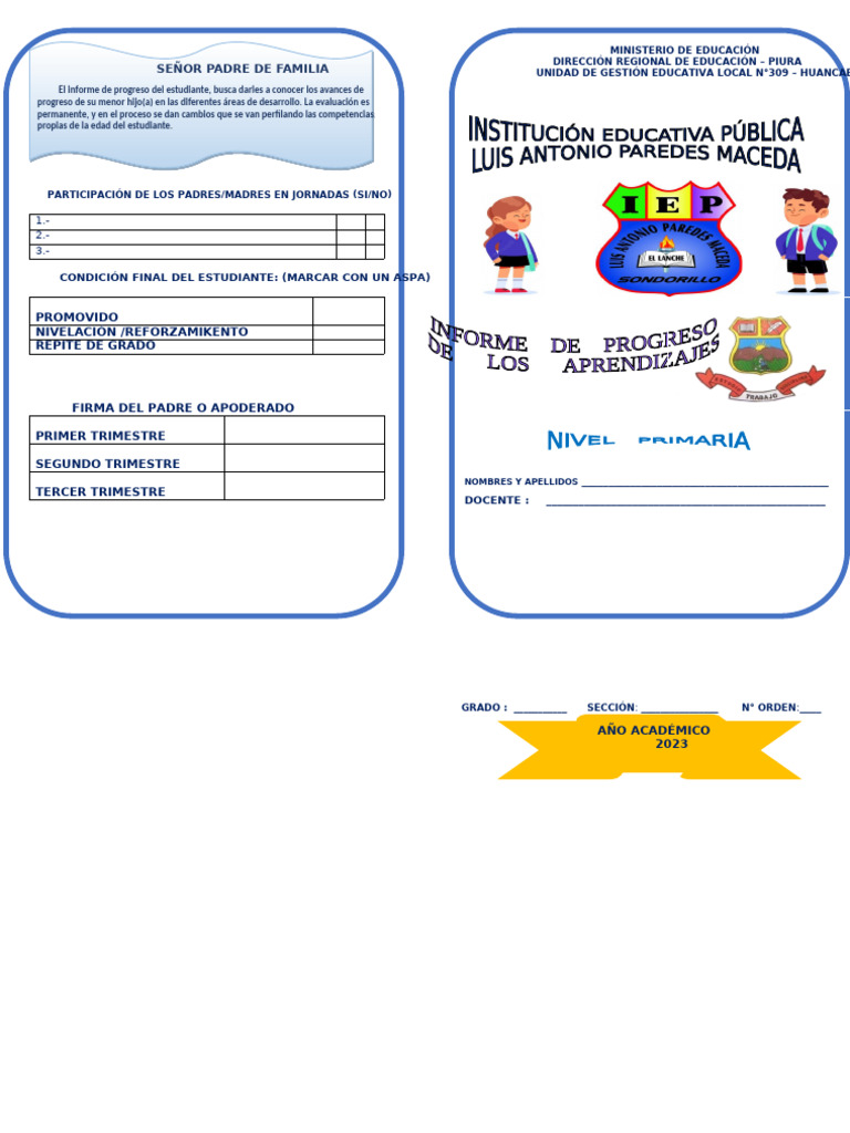 LIBRETA DE NOTAS PRIMARIA- 1- 2023- LANCHE | PDF
