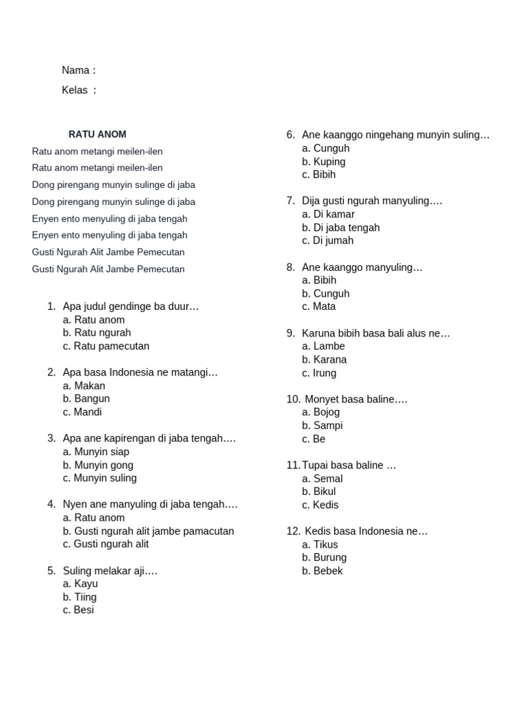 Contoh Soal Bahasa Bali Kelas 1 | PDF