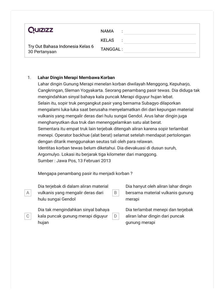 Try Out Bahasa Indonesia Kelas 6 | PDF