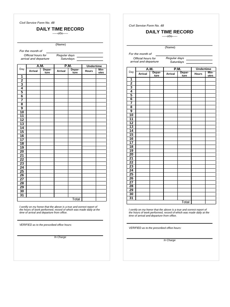 Daily Time Record Form No. 48 | PDF