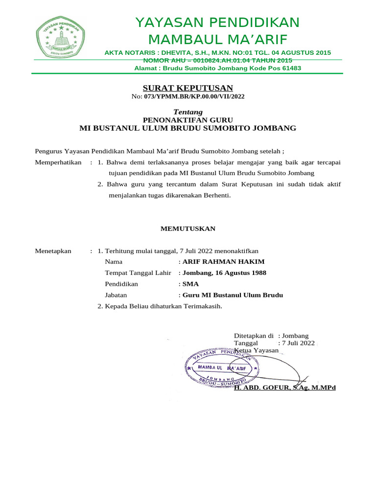 Surat Keputusan Pemberhentian Guru | PDF