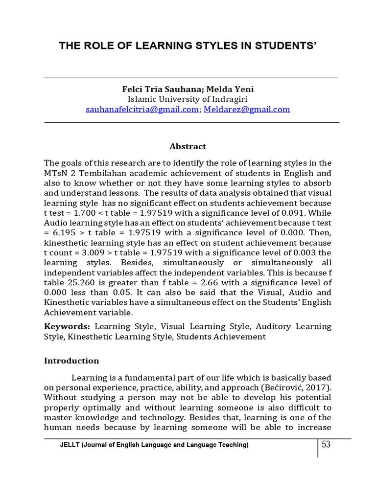 The Role of Learning Styles in Students English A | PDF