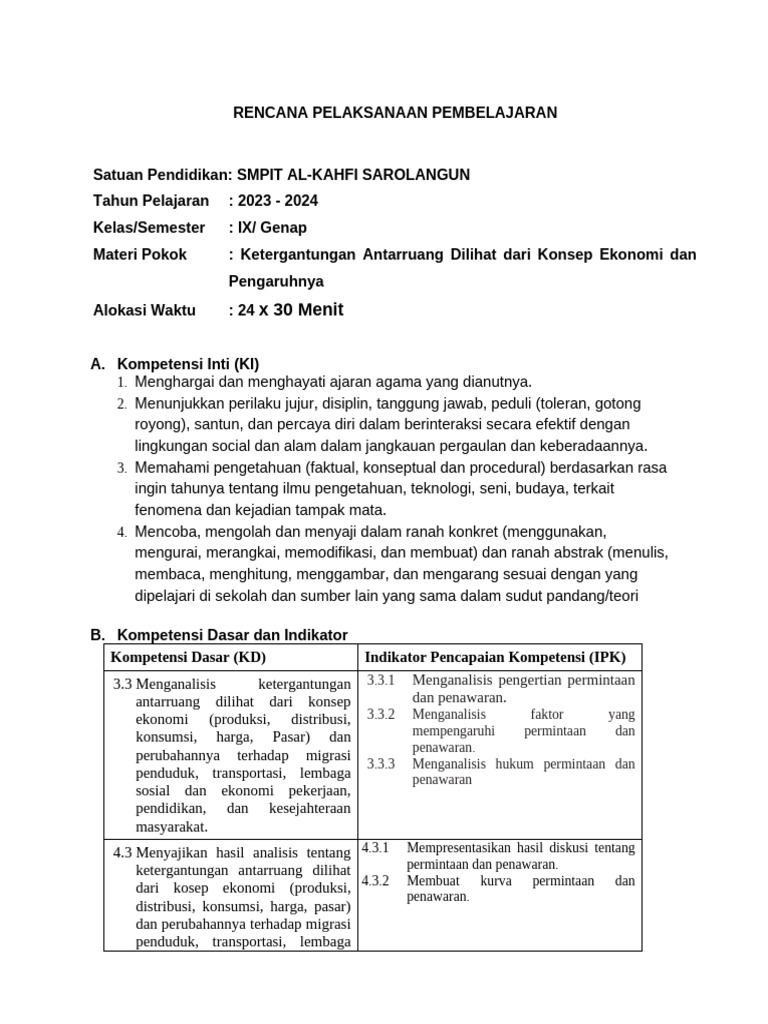 RPP IPS Kelas 9 BAB 3 Ketergantungan Antarruang Konsep Ekonomi Dan Pengaruhnya | PDF