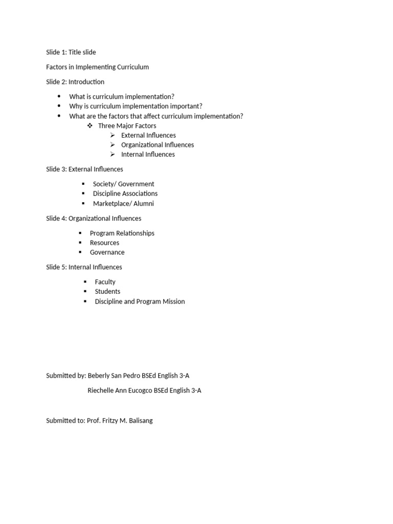 Factors in Implementing Curriculum PPT Outline | PDF