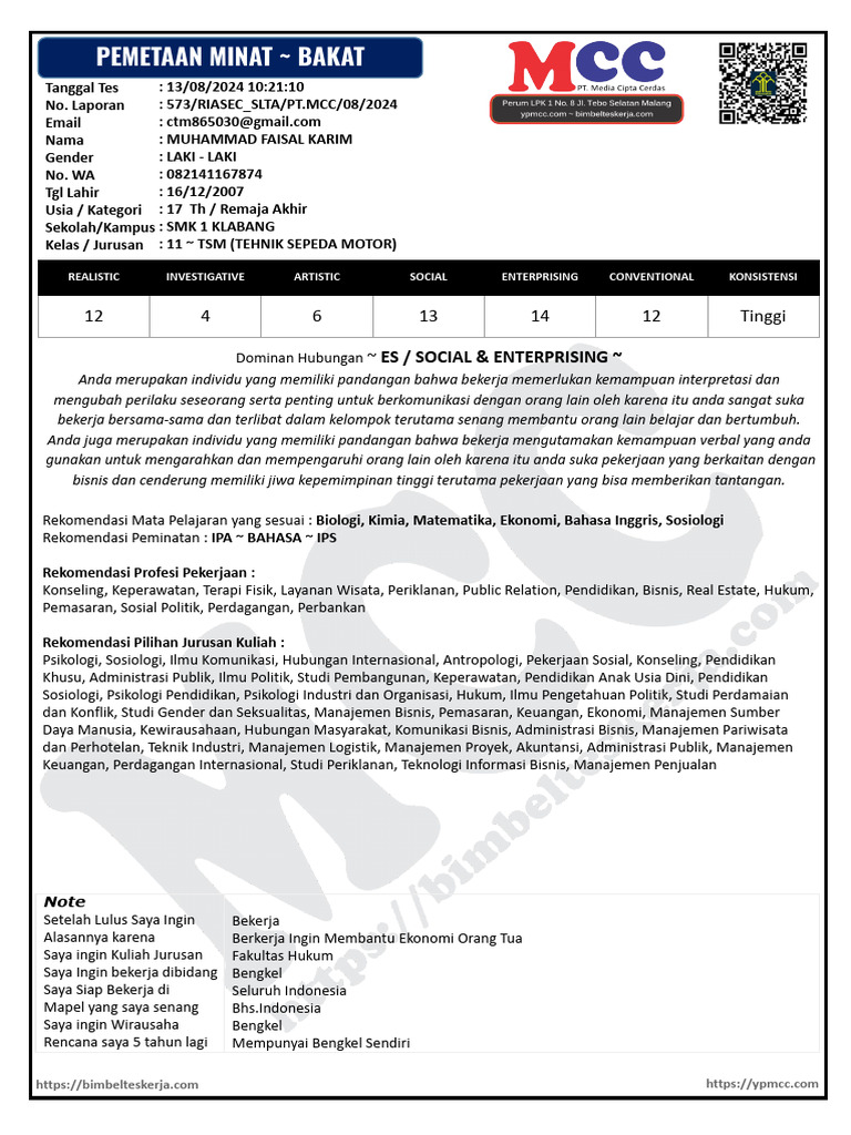 Minat Bakat MUHAMMAD FAISAL KARIM SMK 1 KLABANG | PDF
