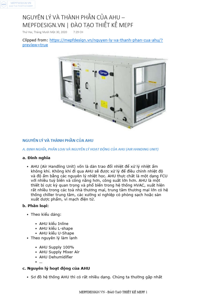 1. NGUYÊN LÝ VÀ THÀNH PHẦN CỦA AHU | PDF
