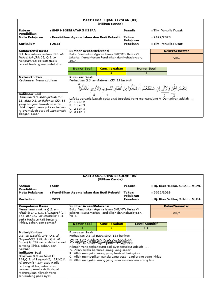 Kartu Soal Us Pai 2023 | PDF