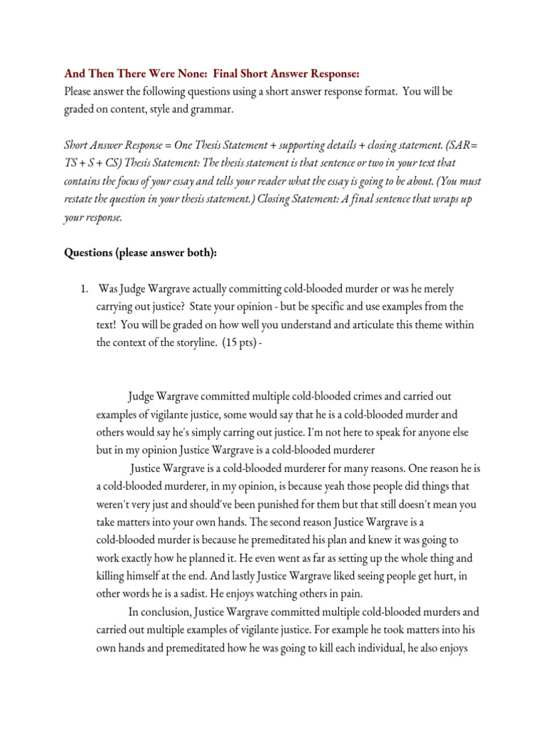 Opy of and Then There Were None Final Short Answer Response | PDF
