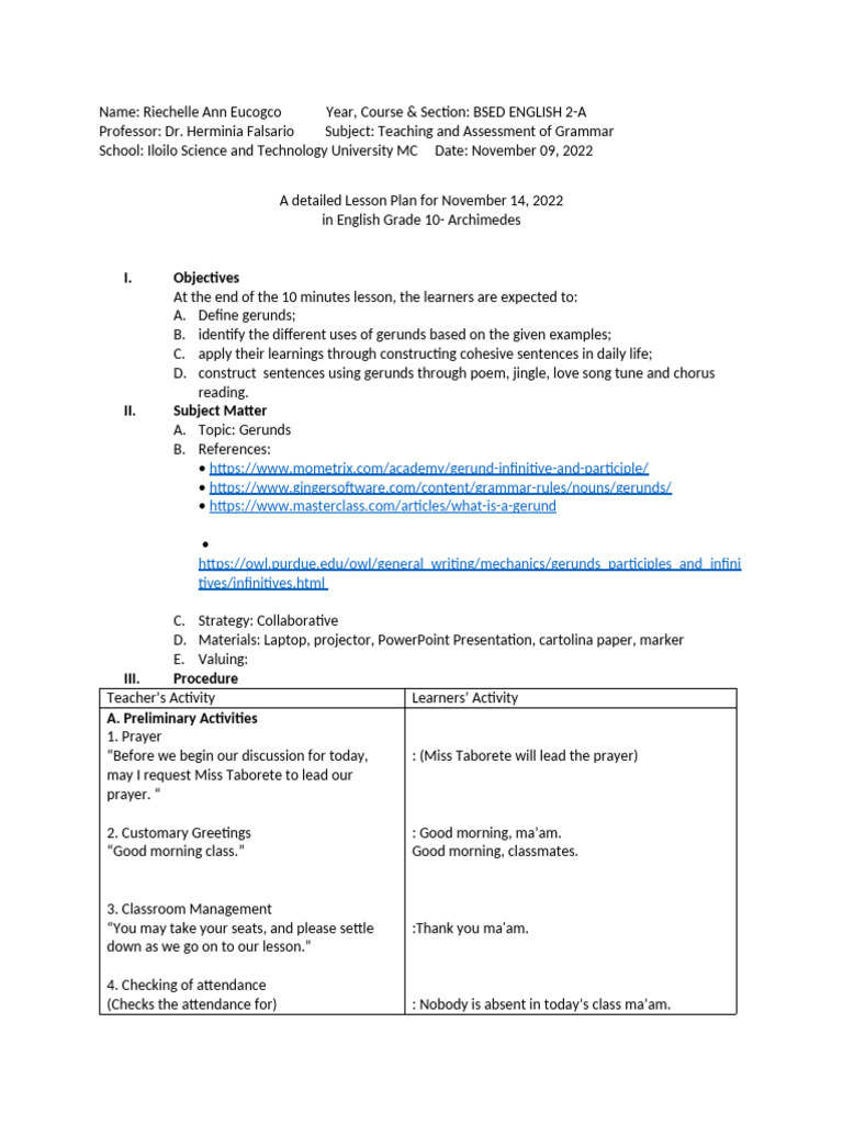 Eucogco BSEd English - 109 Lesson Plan | PDF