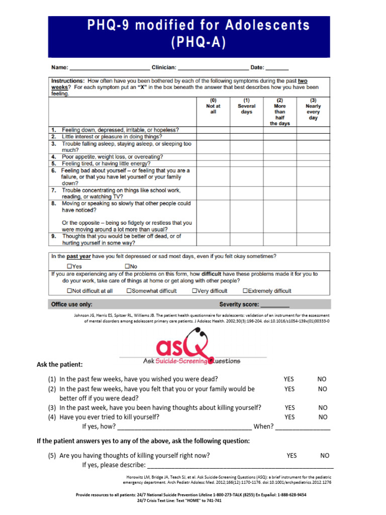 PHQ-A With Depression Questions and ASQ PDF | PDF