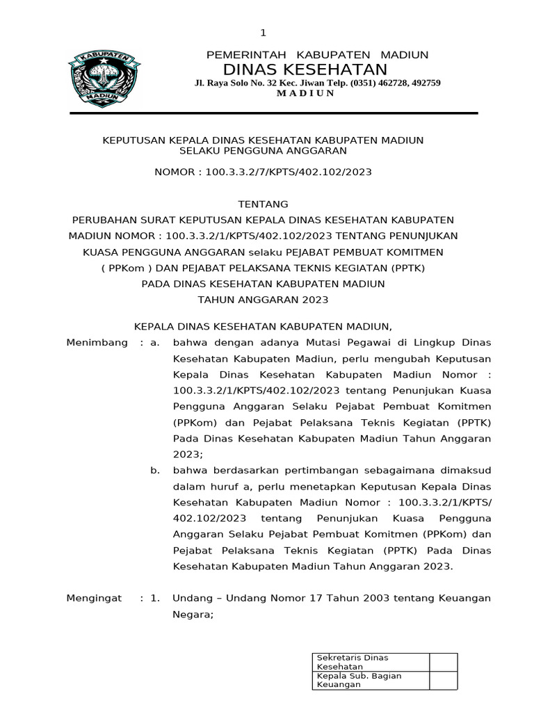 SK Perub-1 Ppkom-Pptk Dinas - 2023 | PDF