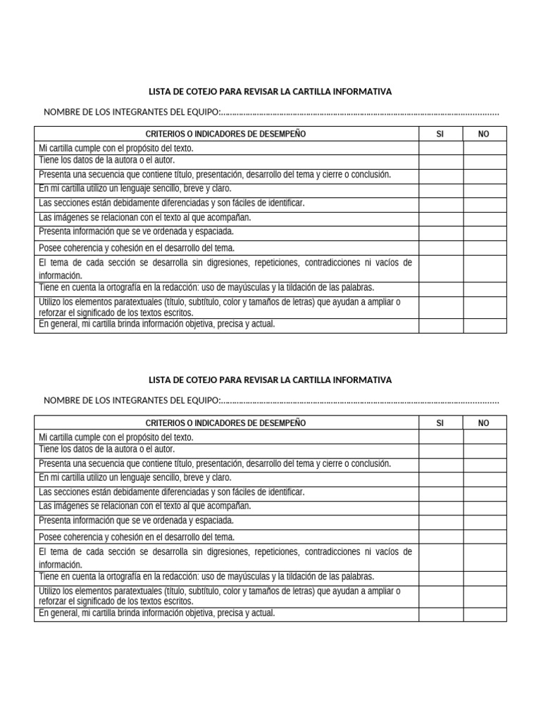 Lista de Cotejo para Revisar La Cartilla Informativa | PDF