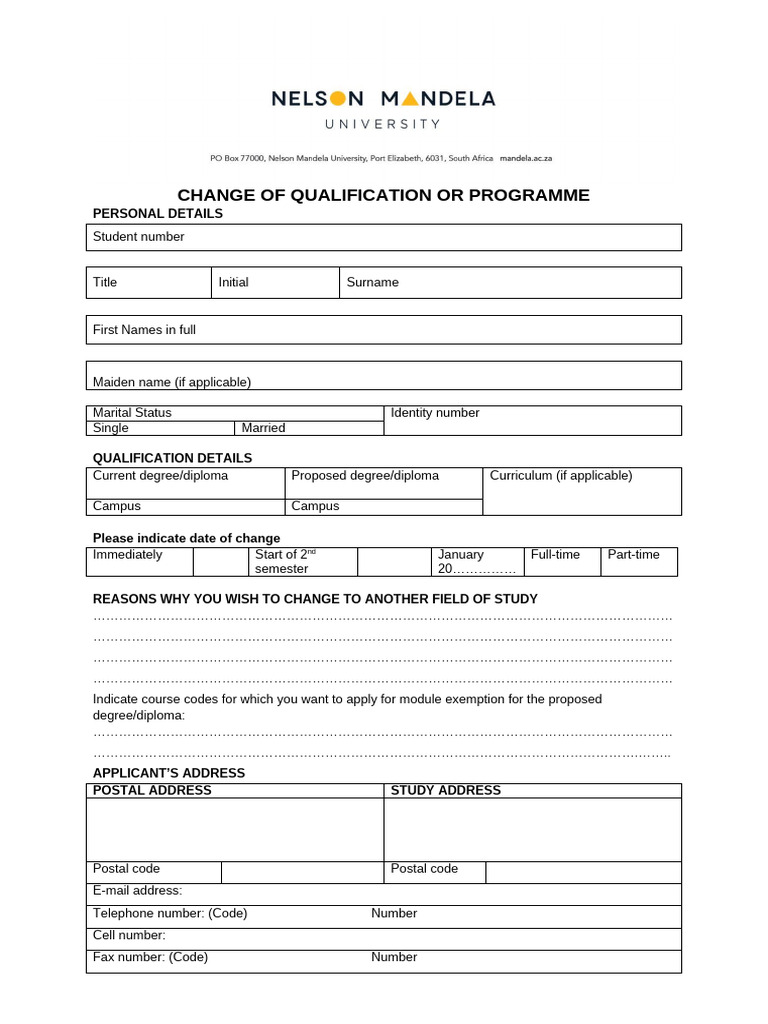 Form - CHANGE OF QUALIFICATION FOR APPLICANTS OR REGISTERED STUDENTS | PDF