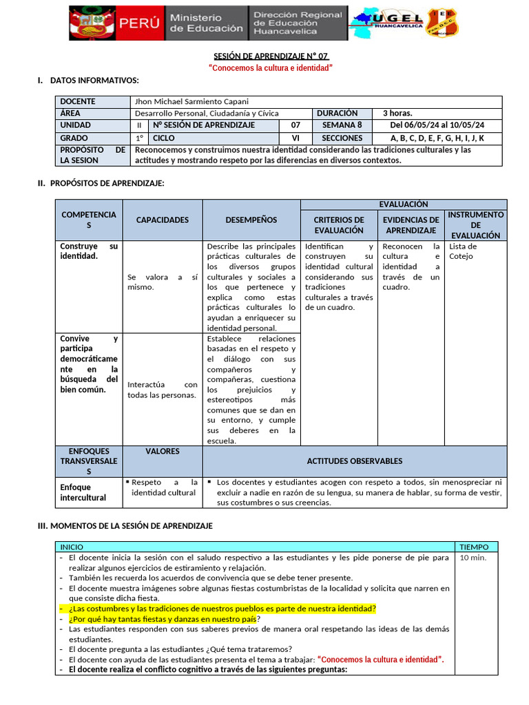 Sesion Aprendizaje 08 DPCC 1° - FDCC 2024 | PDF