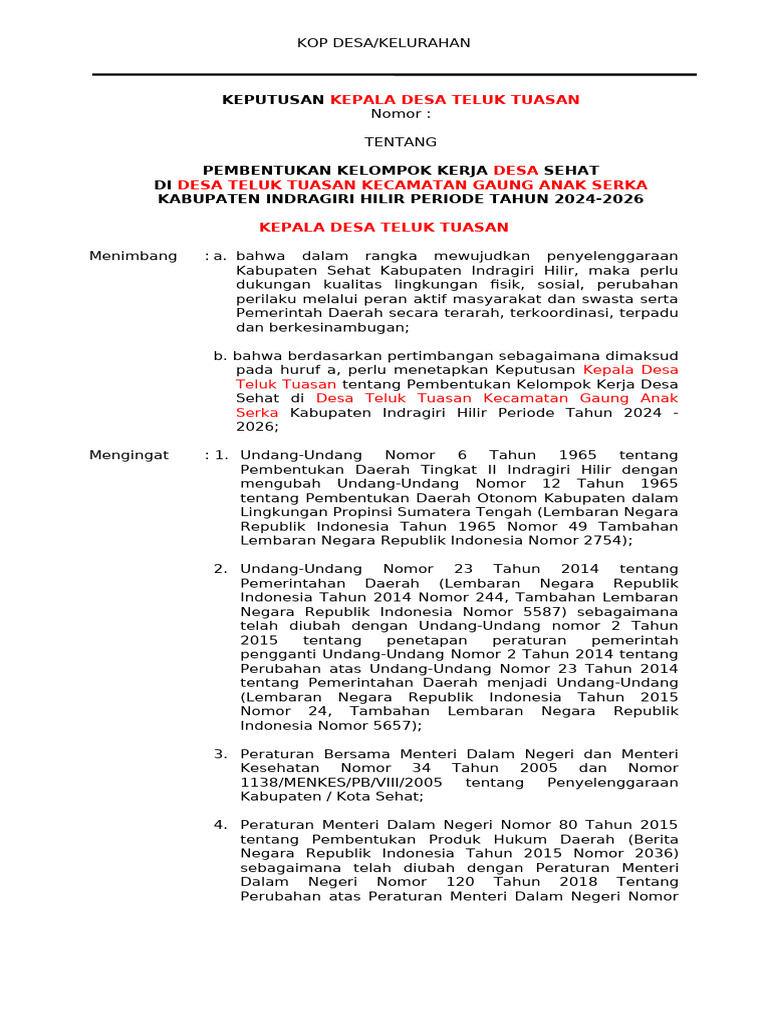 Draf Pokja Desa Kelurahan Sehat | PDF