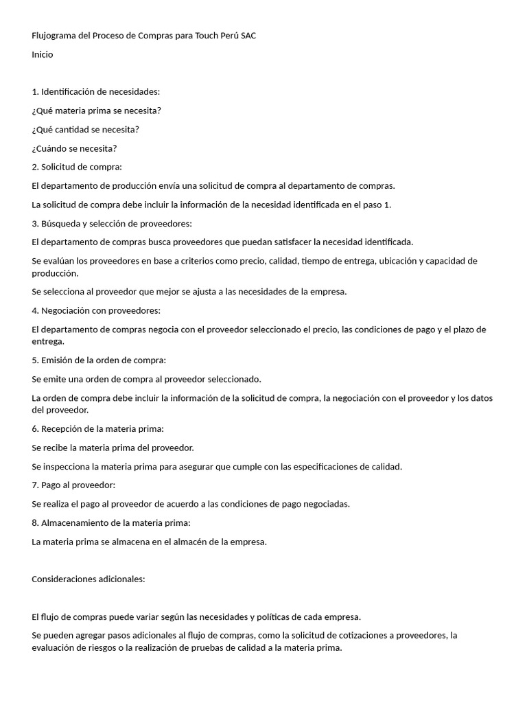 Flujograma Del Proceso De Compras Para Touch Perú Sac Pdf