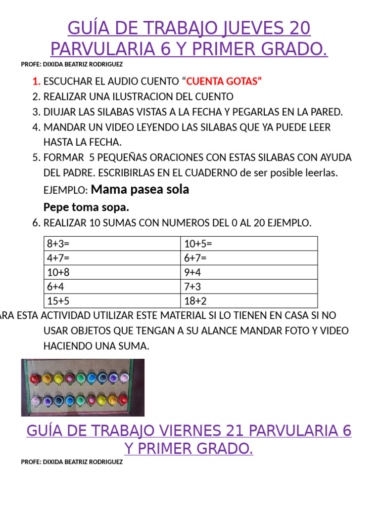Guía de Trabajo Jueves 19 Parvularia 6 y Primer Grado | PDF