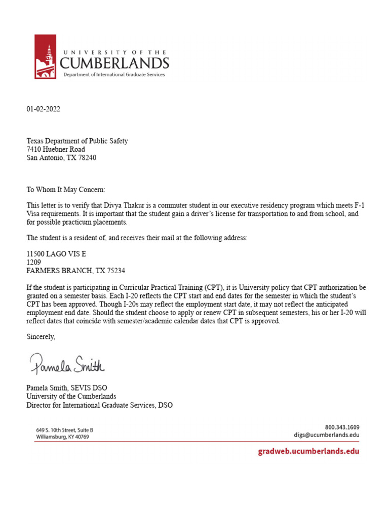 International Graduate Student DMV Letter | PDF