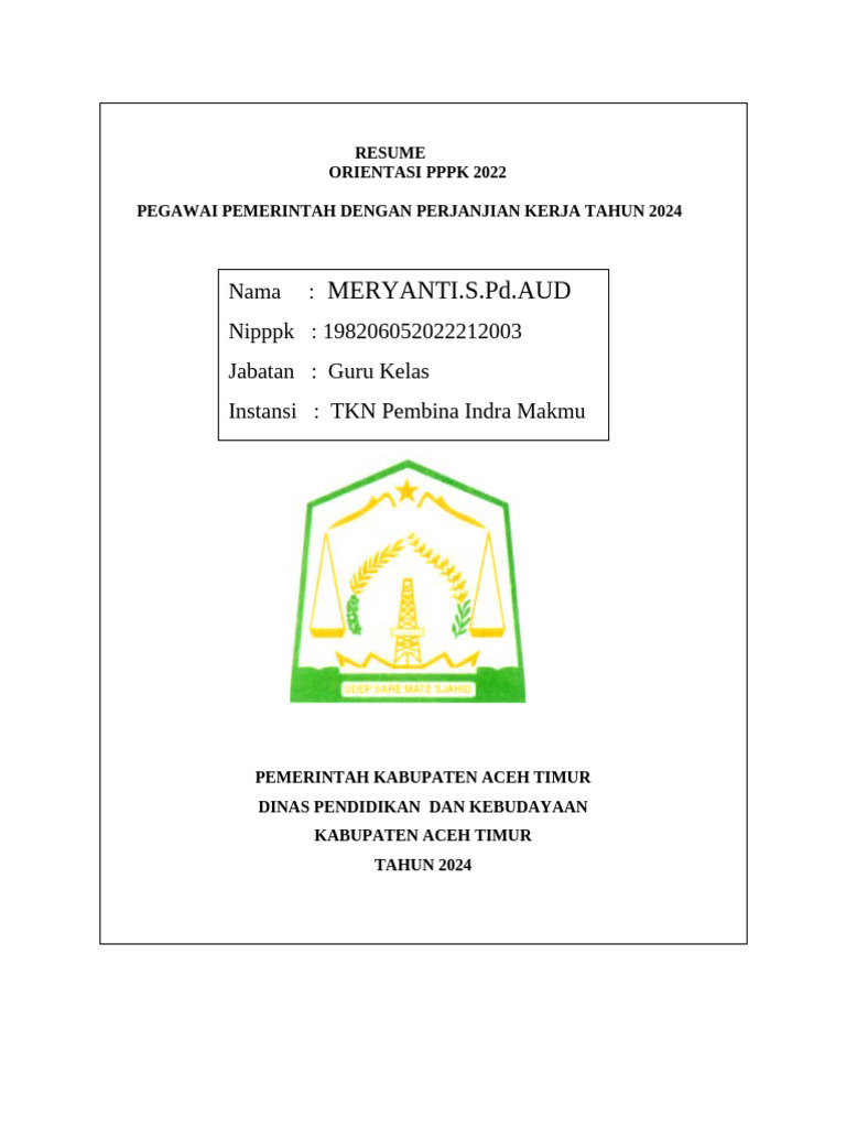 Resume Orientasi PPPK Tahun 2024 Mastura | PDF