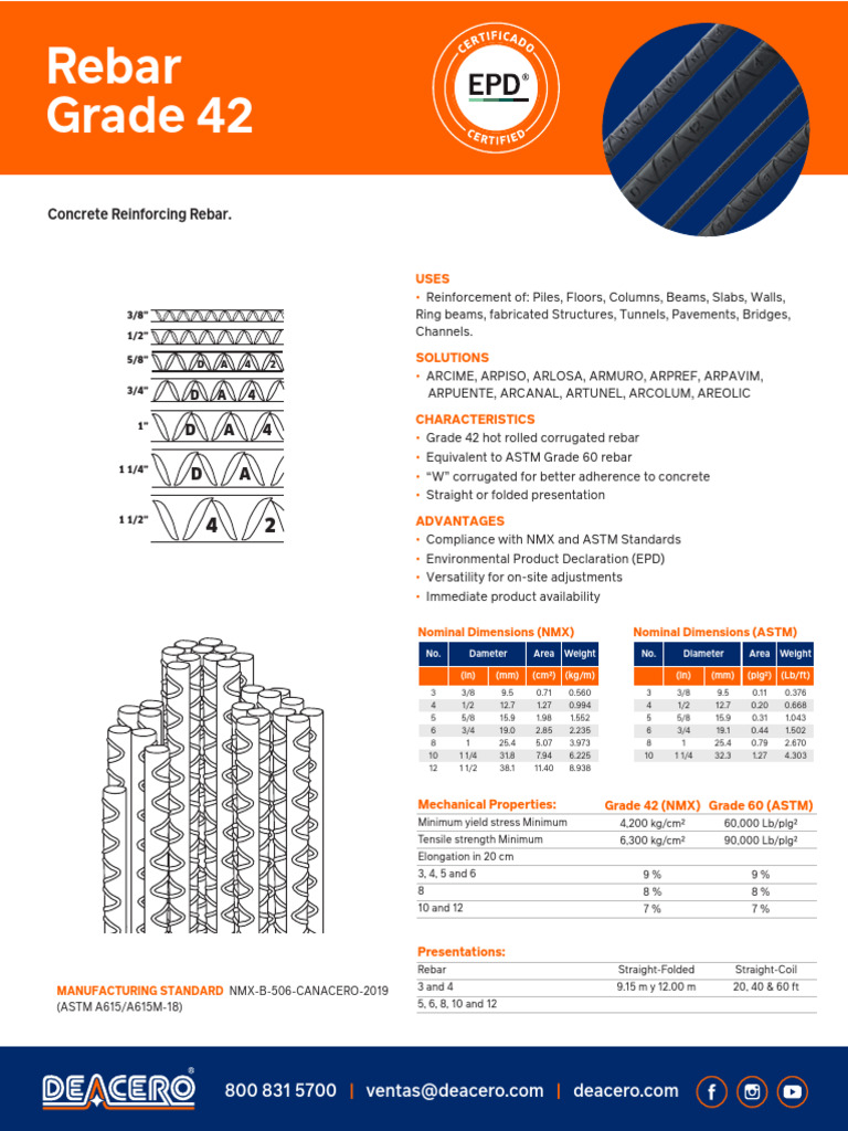 Rebar Grade 42 Deacero Spec Sheet | PDF