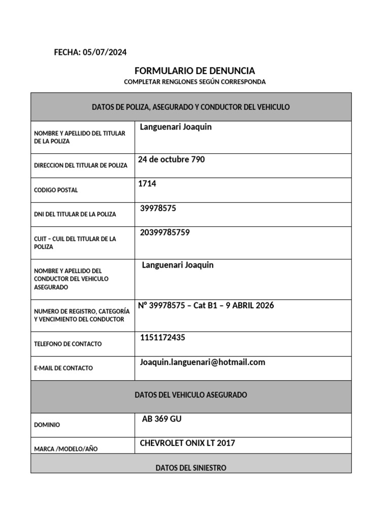 Formulario General Vehiculos Choque 0507 | PDF