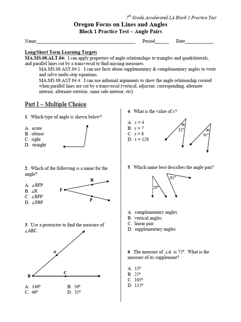 Angle Pairs - Practice - Test | PDF