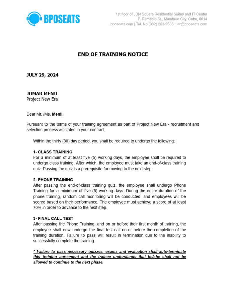End of Training Notice | PDF
