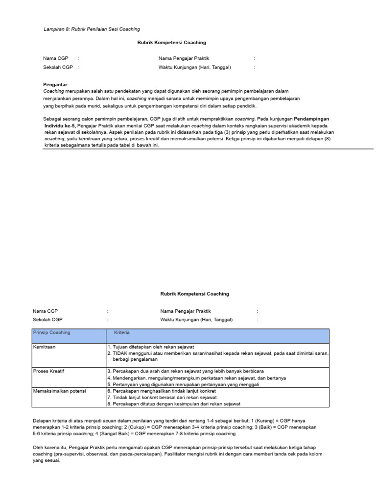 Rubrik Penilaian Kompetensi Coaching | PDF