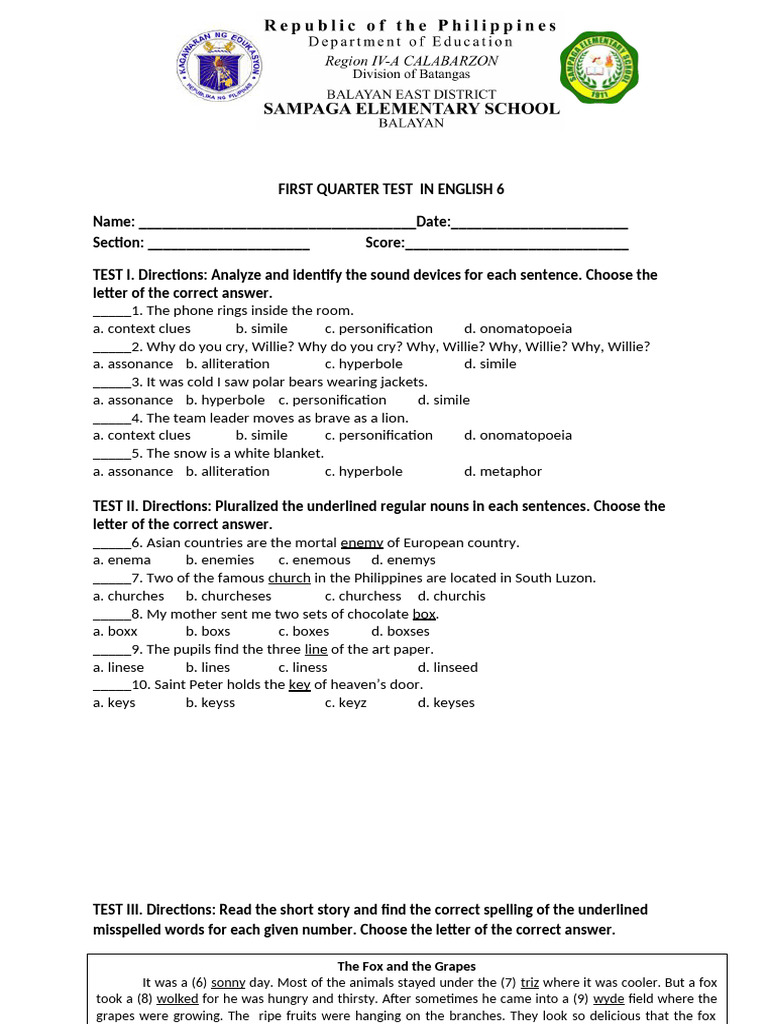 1st Quarter Test in English 6 With Tos Key To Correction | PDF